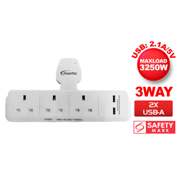 PowerPac 3 Way Extension Plug Adapter with 2X USB-A| Extension Wall So ...