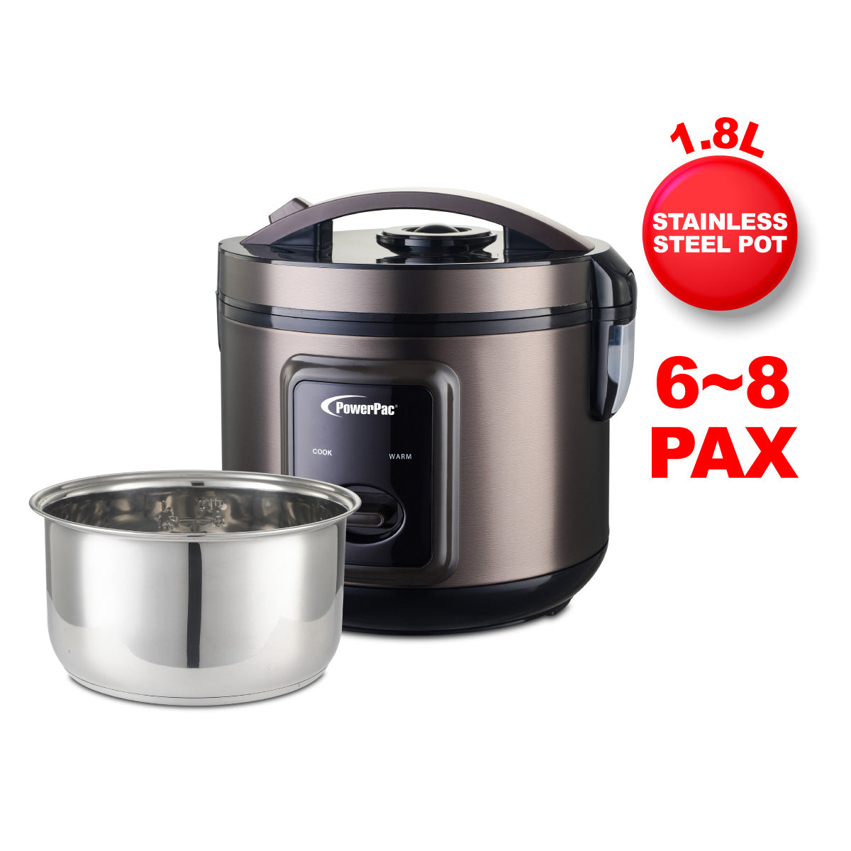 Rice Cooker 1.5L with Stainless Steel Inner Pot (PPRC612) - PowerPacSG